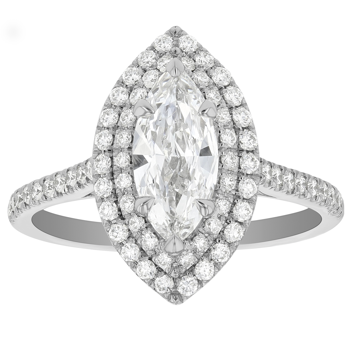 Marquise Diamond Double Halo Engagement Ring With Pave Shank In White